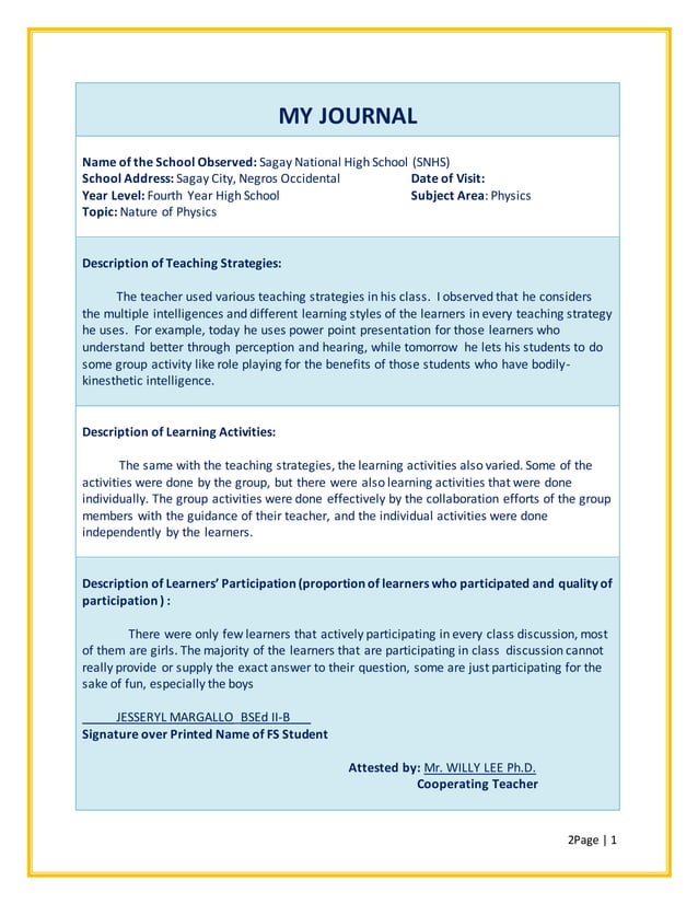 Field Study 2: FS2 Experiencing the Teaching- Learning Process | DOCX ...