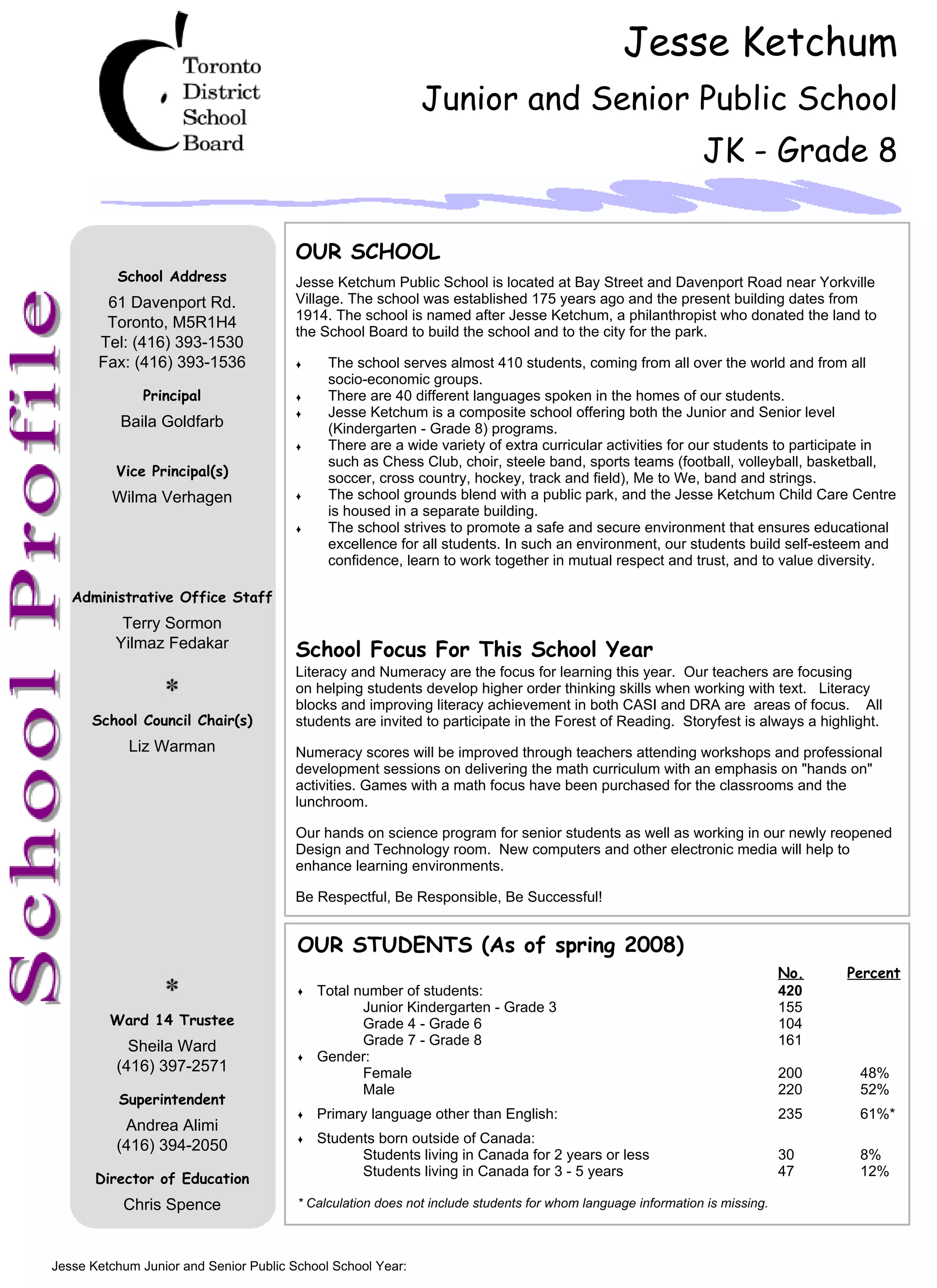 Jesse Ketchum Junior and Senior Public School Gr JK - 8 Profile | PDF