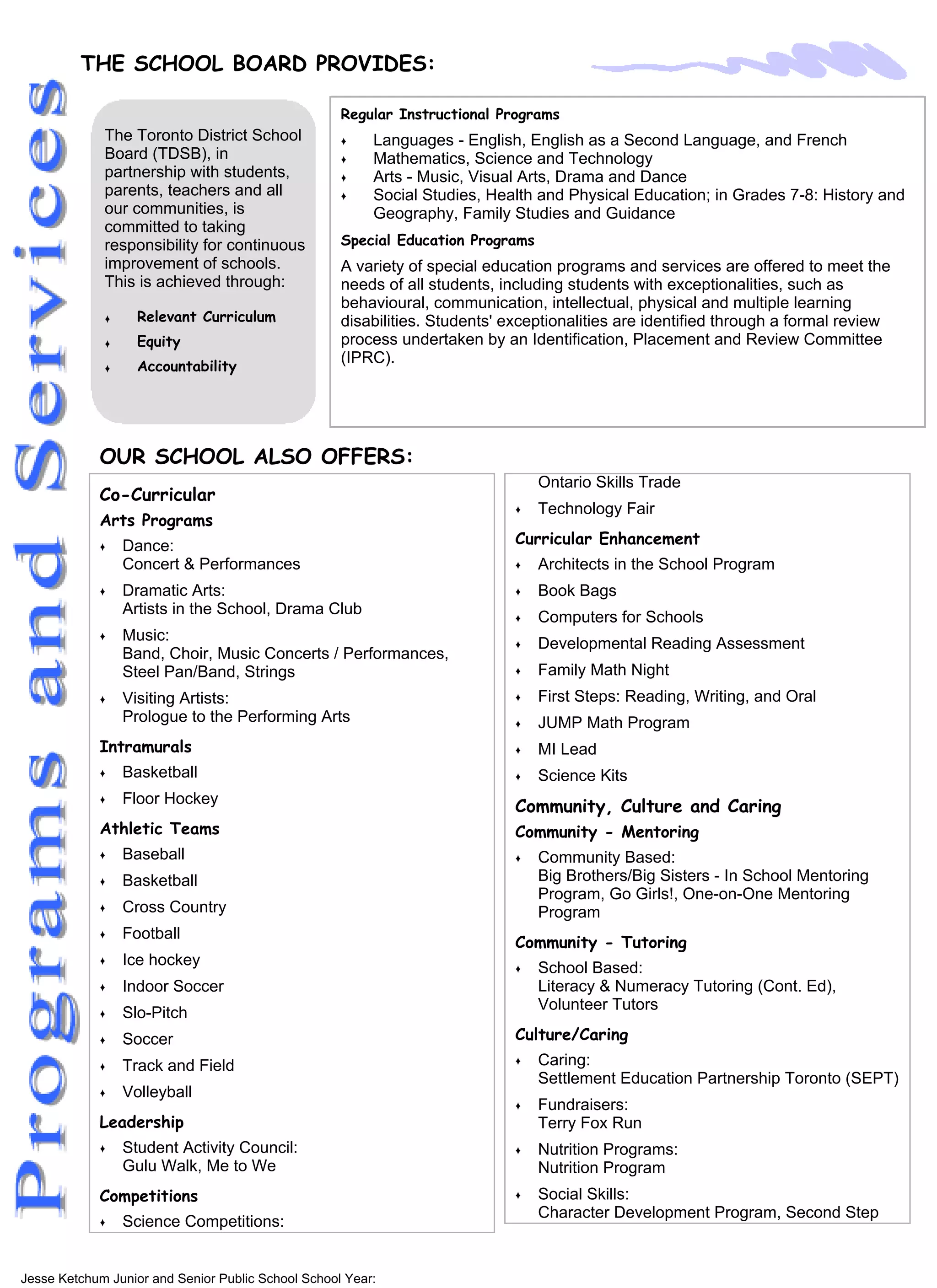 Jesse Ketchum Junior and Senior Public School Gr JK - 8 Profile | PDF