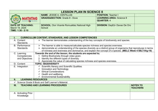 BIODIVERSITY LESSON PLAN FOR CLASSROOM OBSERVATION | DOCX