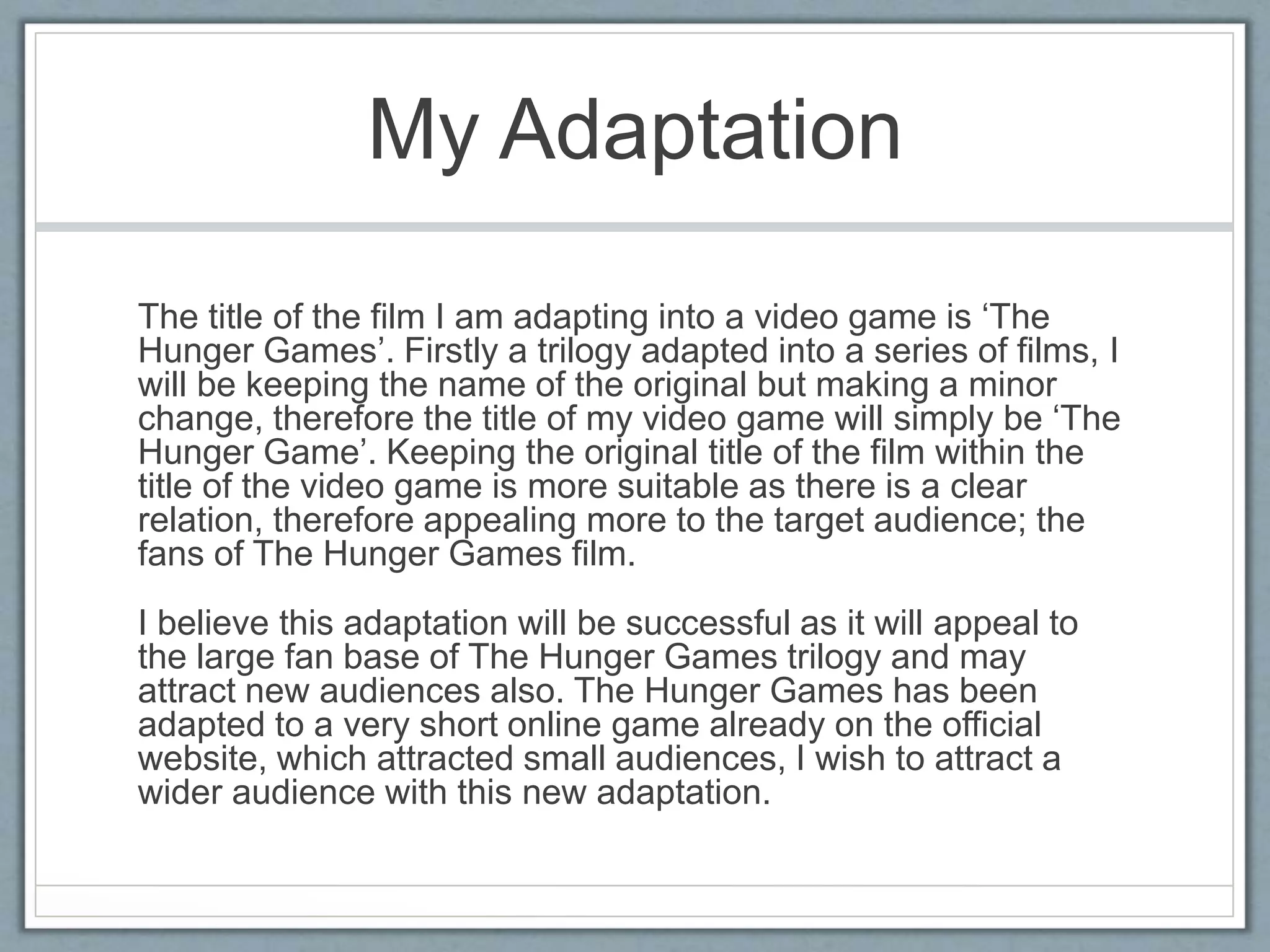 Jess Adaptation Hunger Games | PPTX | Science Fiction | Genres