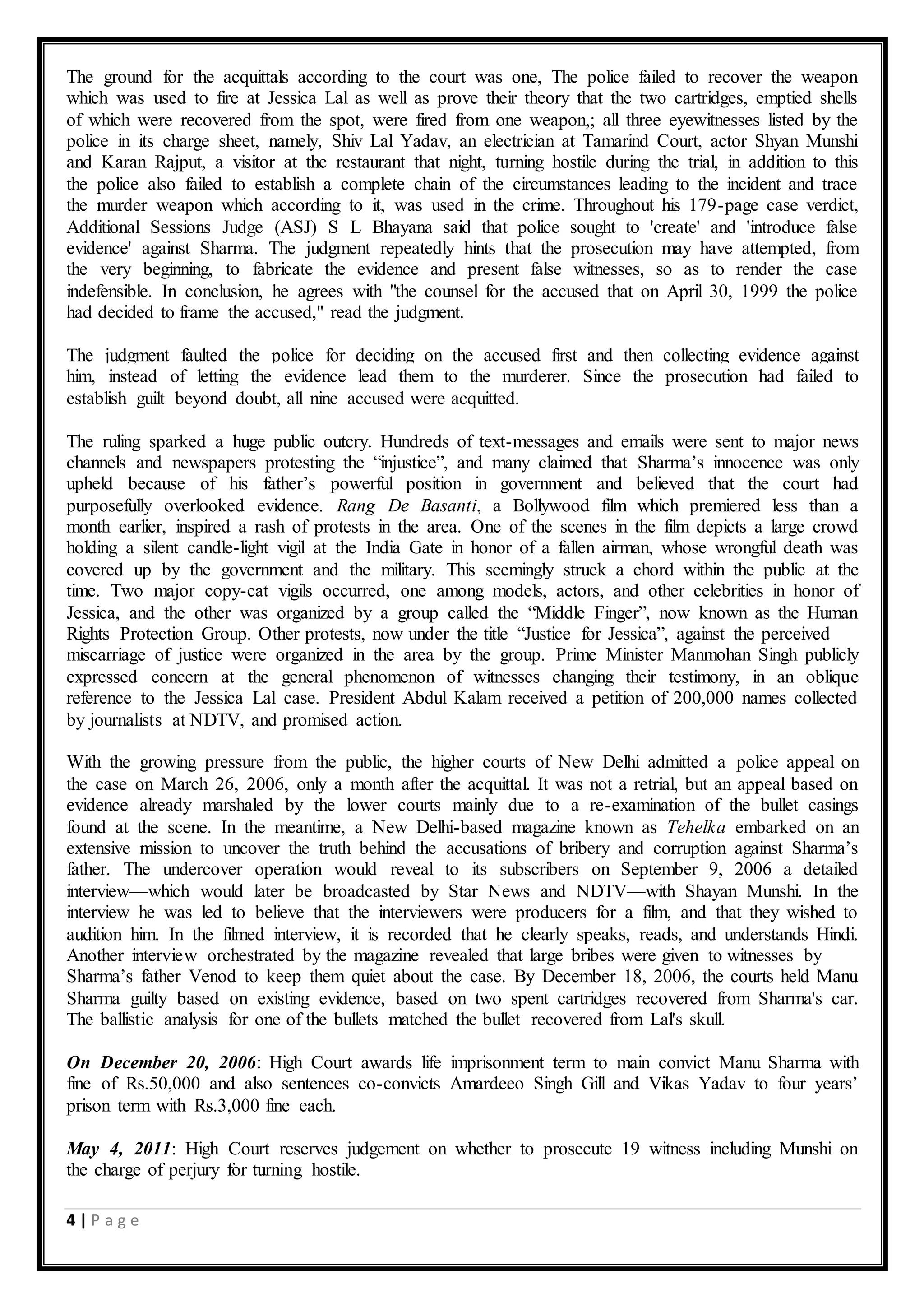 Case Study:- Jesssica Lal Murder Case (Manu Sharma Vs State(NCT of ...