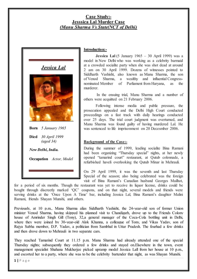 Case Study:- Jesssica Lal Murder Case (Manu Sharma Vs State(NCT of ...