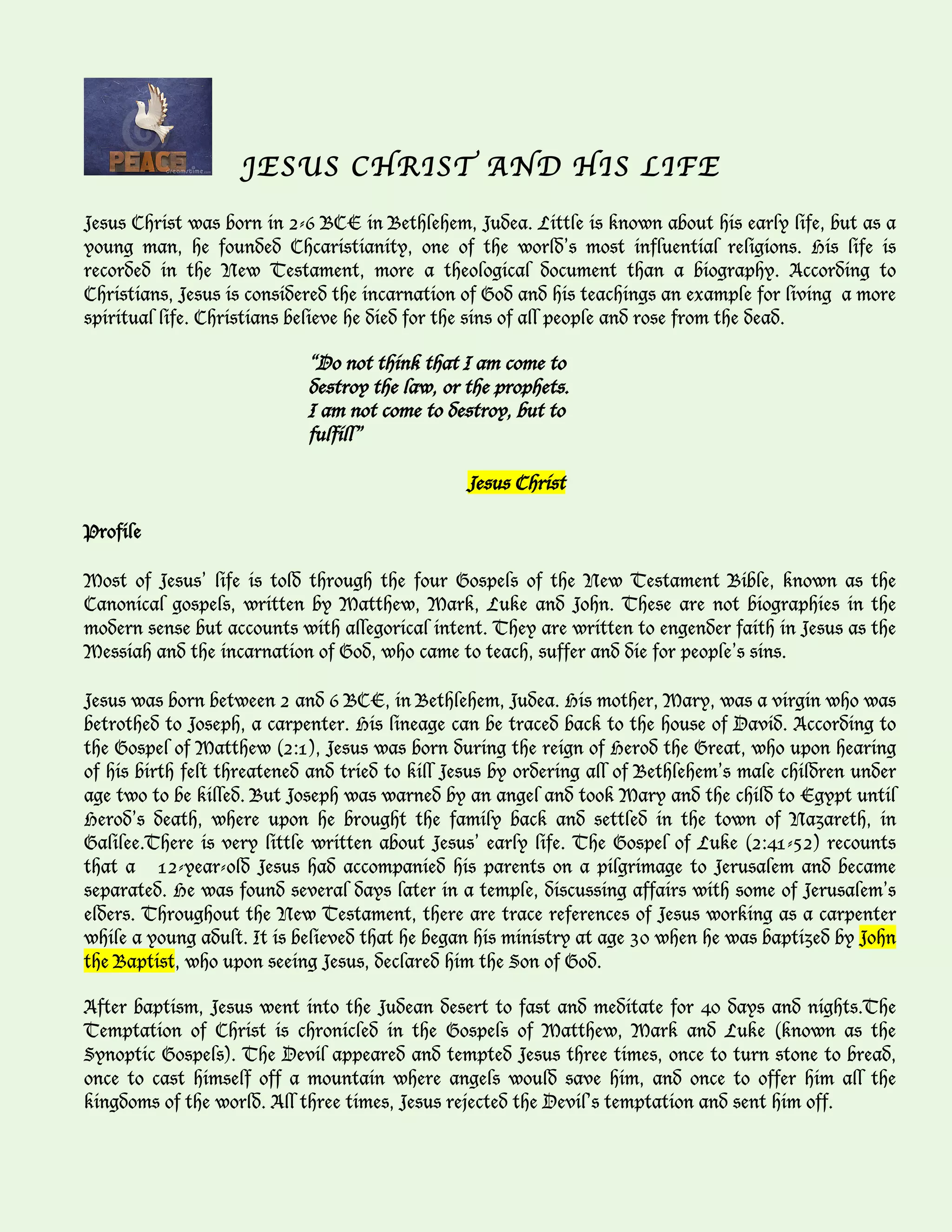 Jesus Christ a dedicated life for his people | PDF
