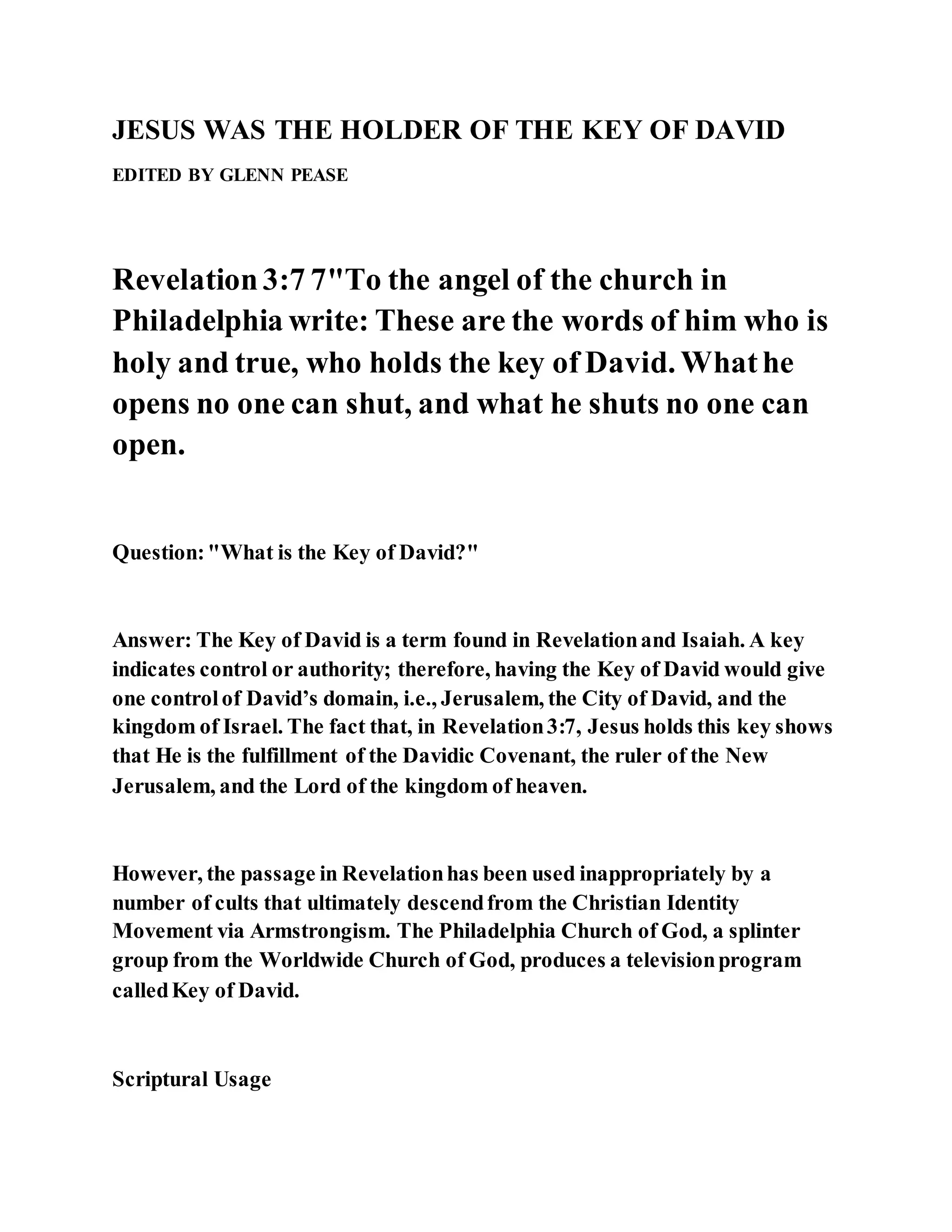 Jesus was the holder of the key of david | PDF