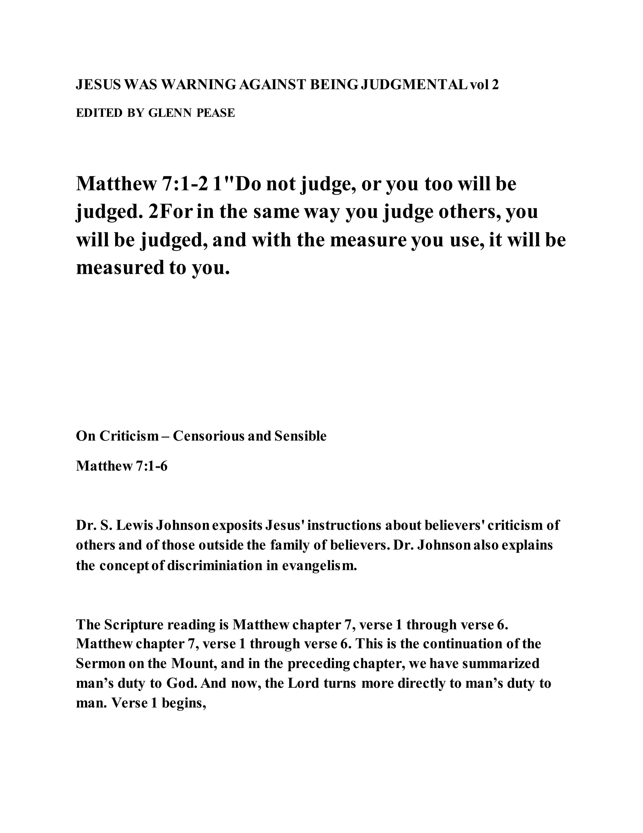 Jesus was warning against being judgemental vol 2 | PDF