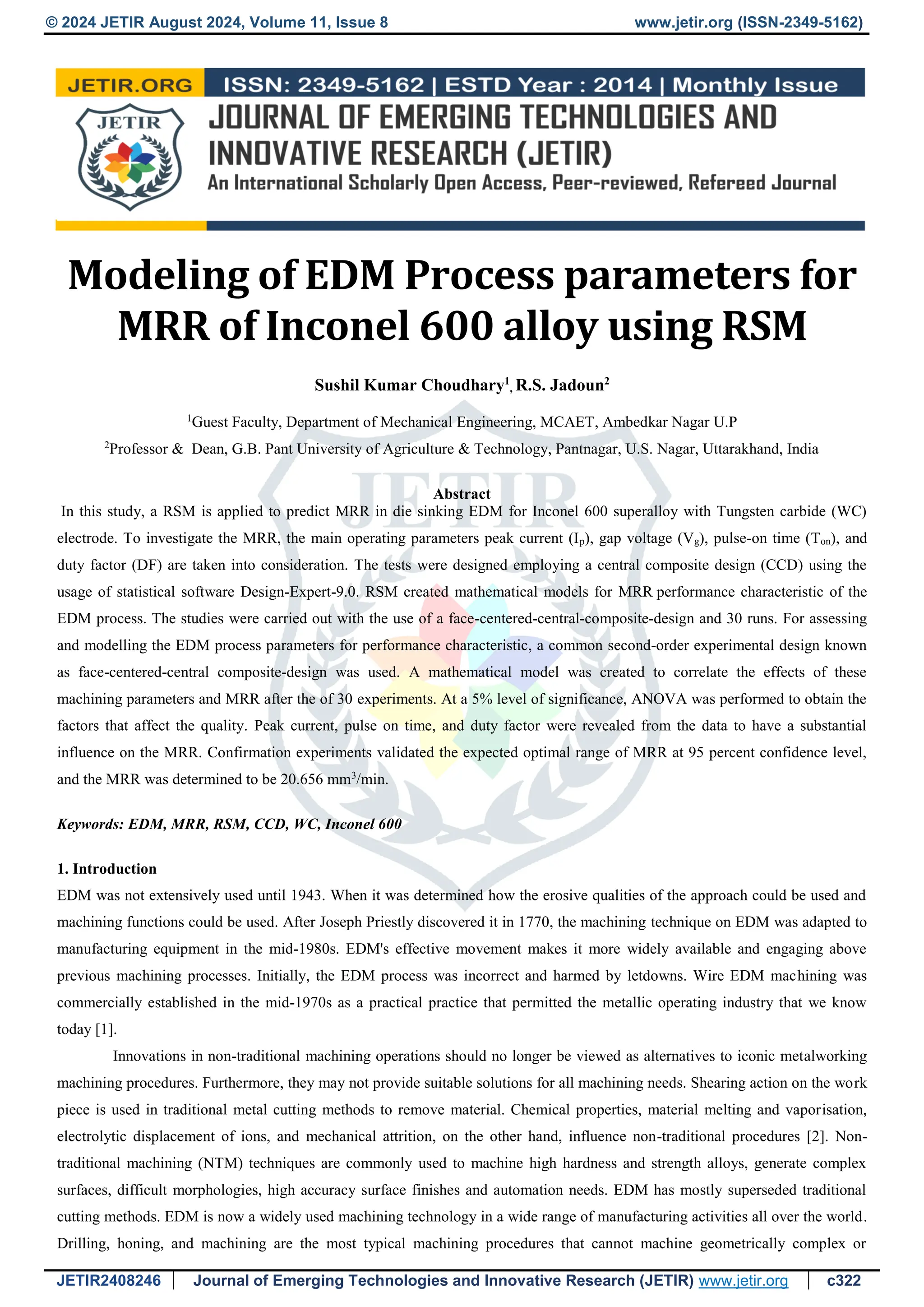 Modeling of EDM Process parameters for MRR of Inconel 600 alloy using RSM | PDF