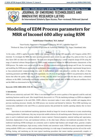 Modeling of EDM Process parameters for MRR of Inconel 600 alloy using RSM | PDF