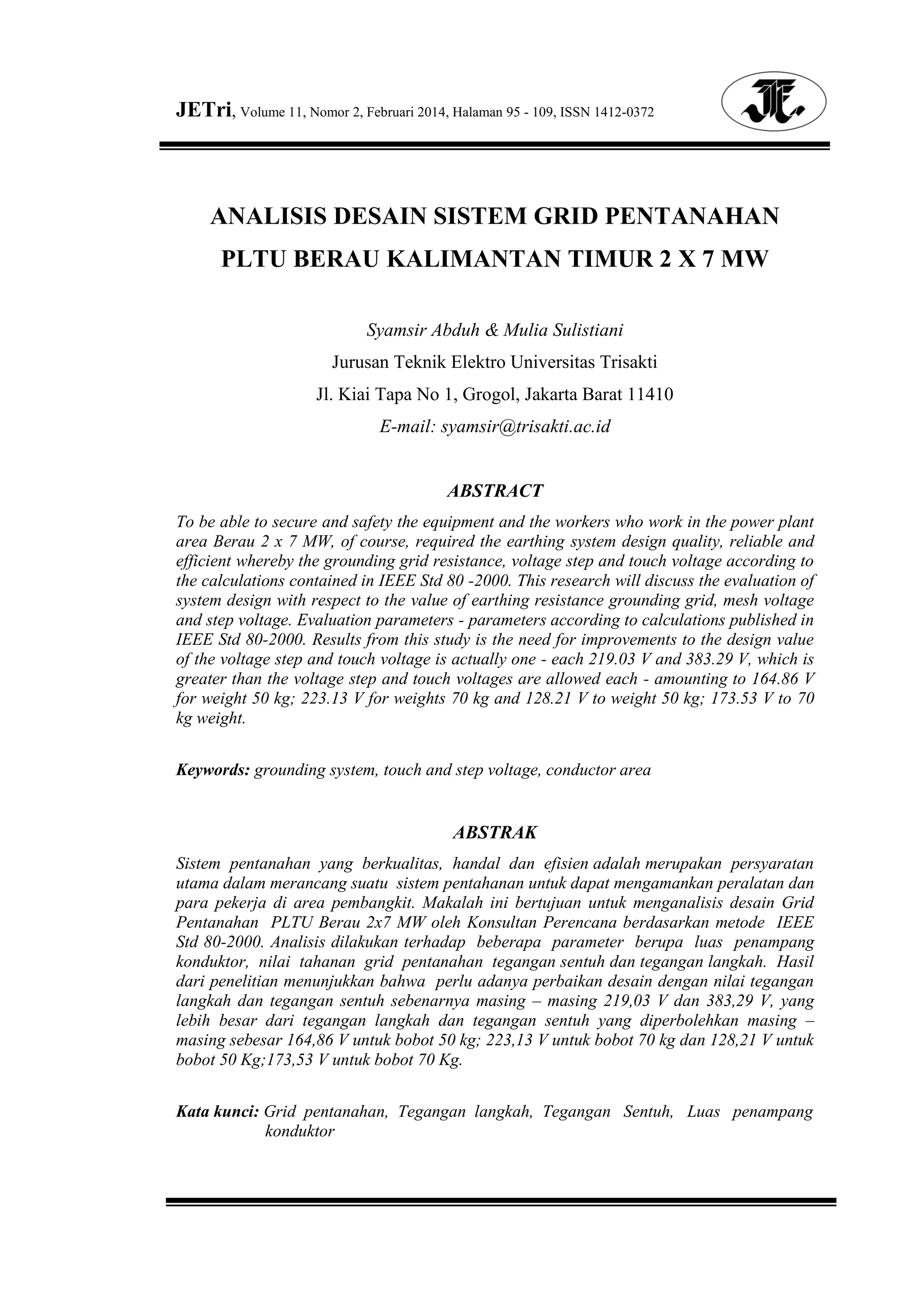 ANALISIS DESAIN SISTEM GRID PENTANAHAN PLTU BERAU KALIMANTAN TIMUR 2 X ...
