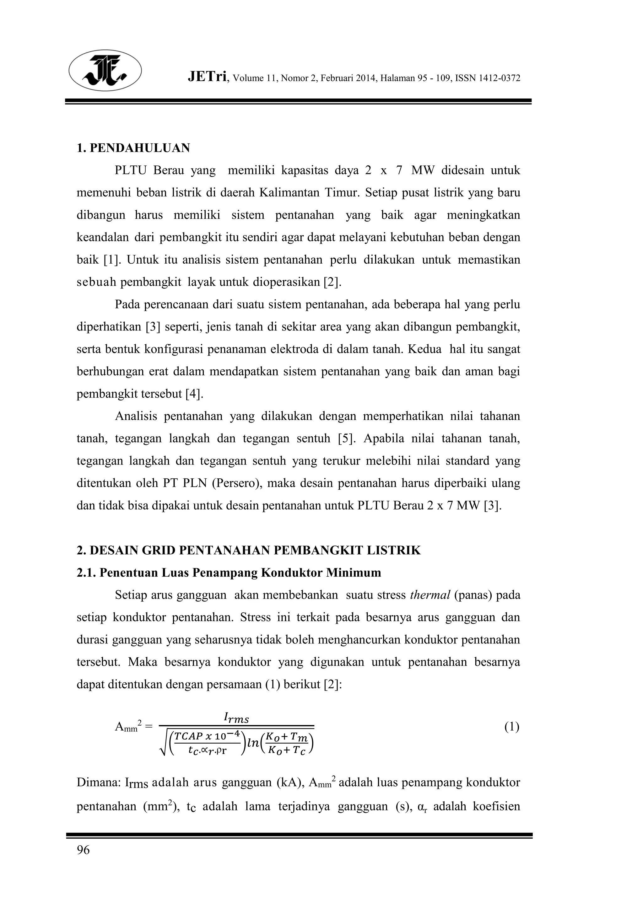 ANALISIS DESAIN SISTEM GRID PENTANAHAN PLTU BERAU KALIMANTAN TIMUR 2 X ...