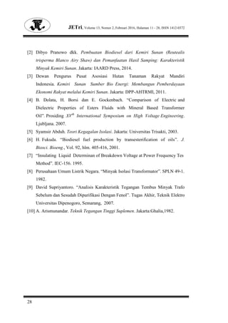 STUDI TEGANGAN TEMBUS MINYAK KEMIRI SUNAN SEBAGAI ALTERNATIF PENGGANTI MINYAK TRANSFORMATOR DAYA ...