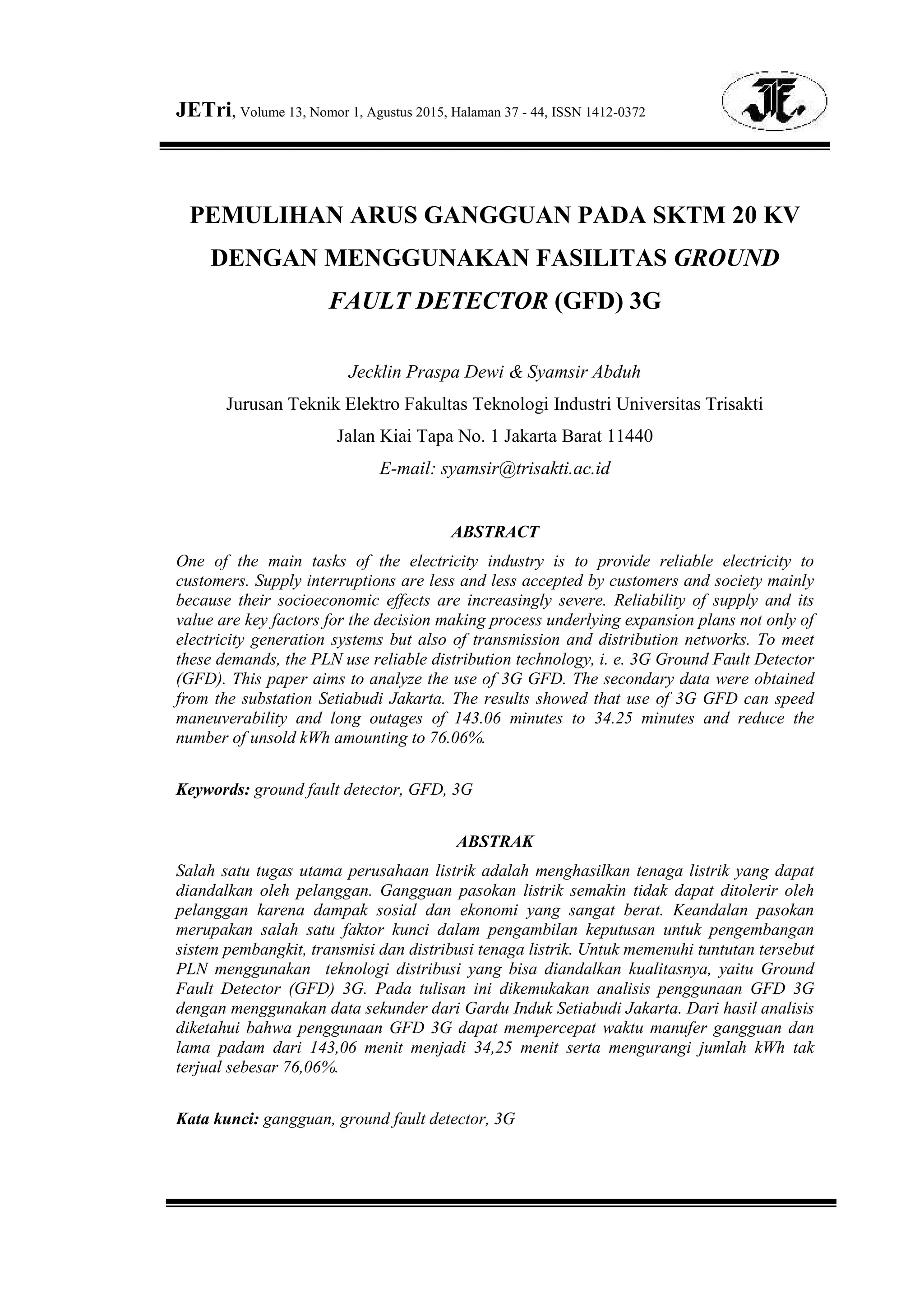 PEMULIHAN ARUS GANGGUAN PADA SKTM 20 KV DENGAN MENGGUNAKAN FASILITAS ...