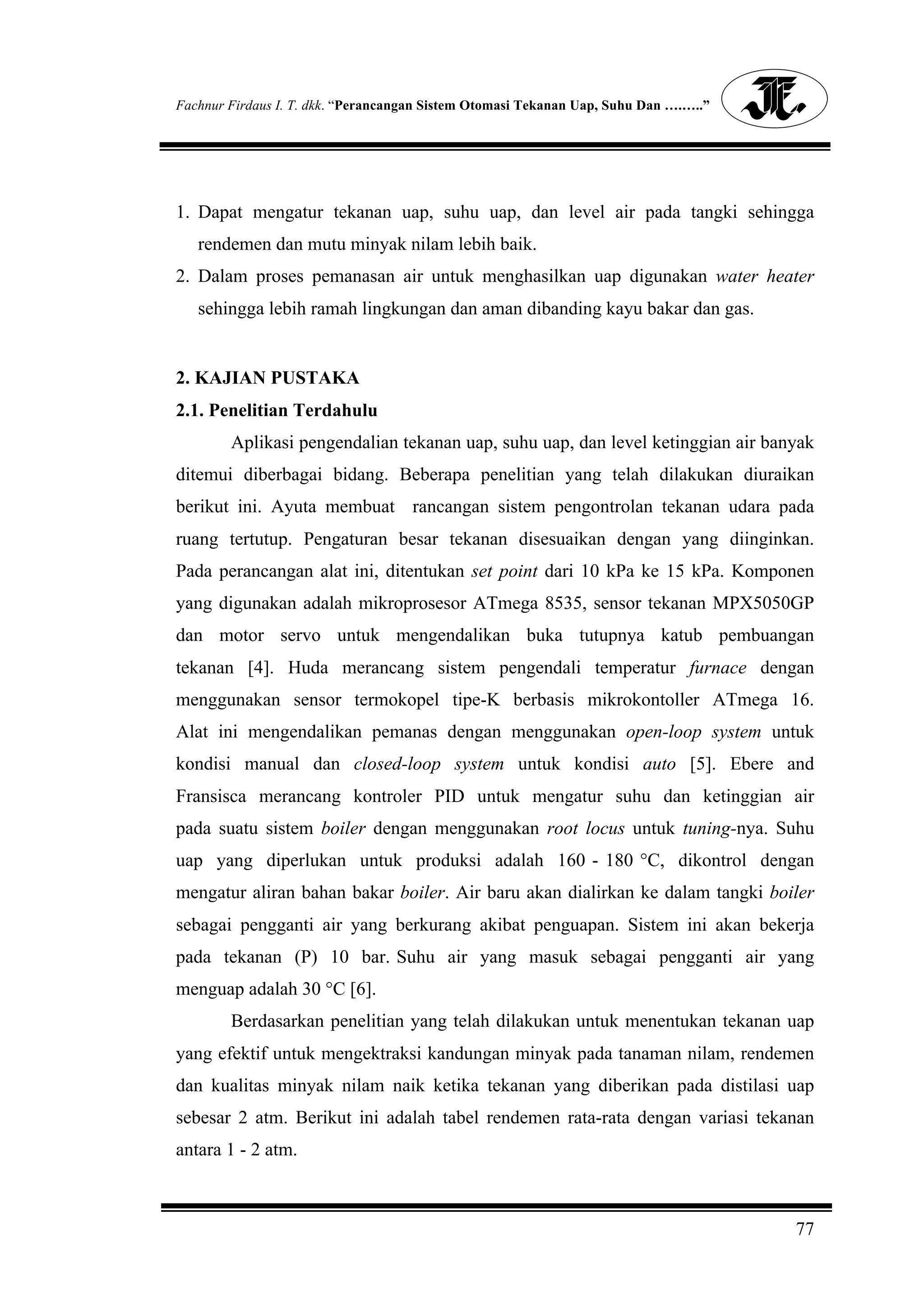 PERANCANGAN SISTEM OTOMASI TEKANAN UAP, SUHU, DAN LEVEL AIR PADA ...