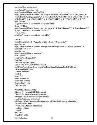 project on visual basic 6.0 ' Jewellery Shop Management' | PDF