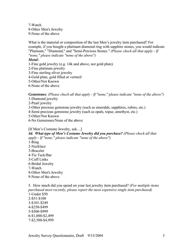 Jewelry2004surveyquestionnairedraft (1) | PDF