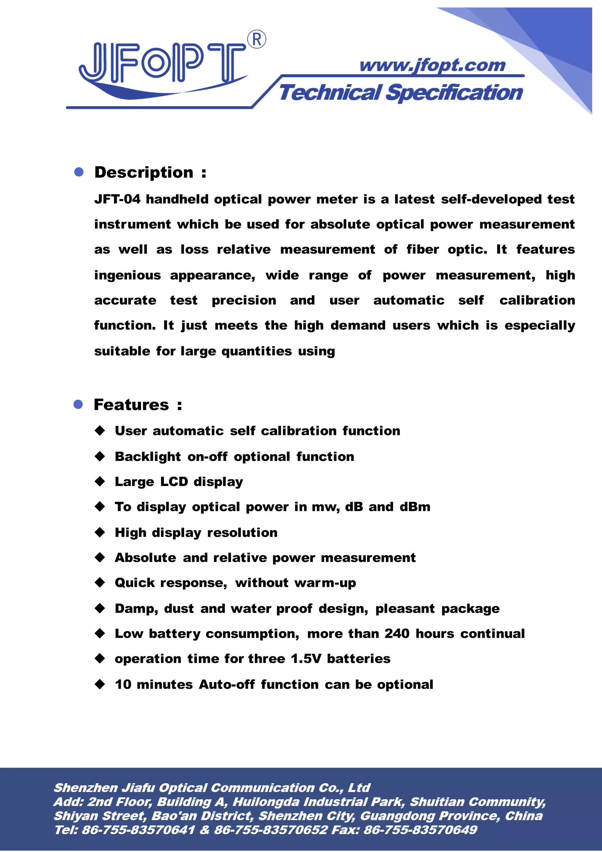 Jft 04-handheld-optical-power-meter-jfopt | PDF | Consumer Electronics | Technology & Computing