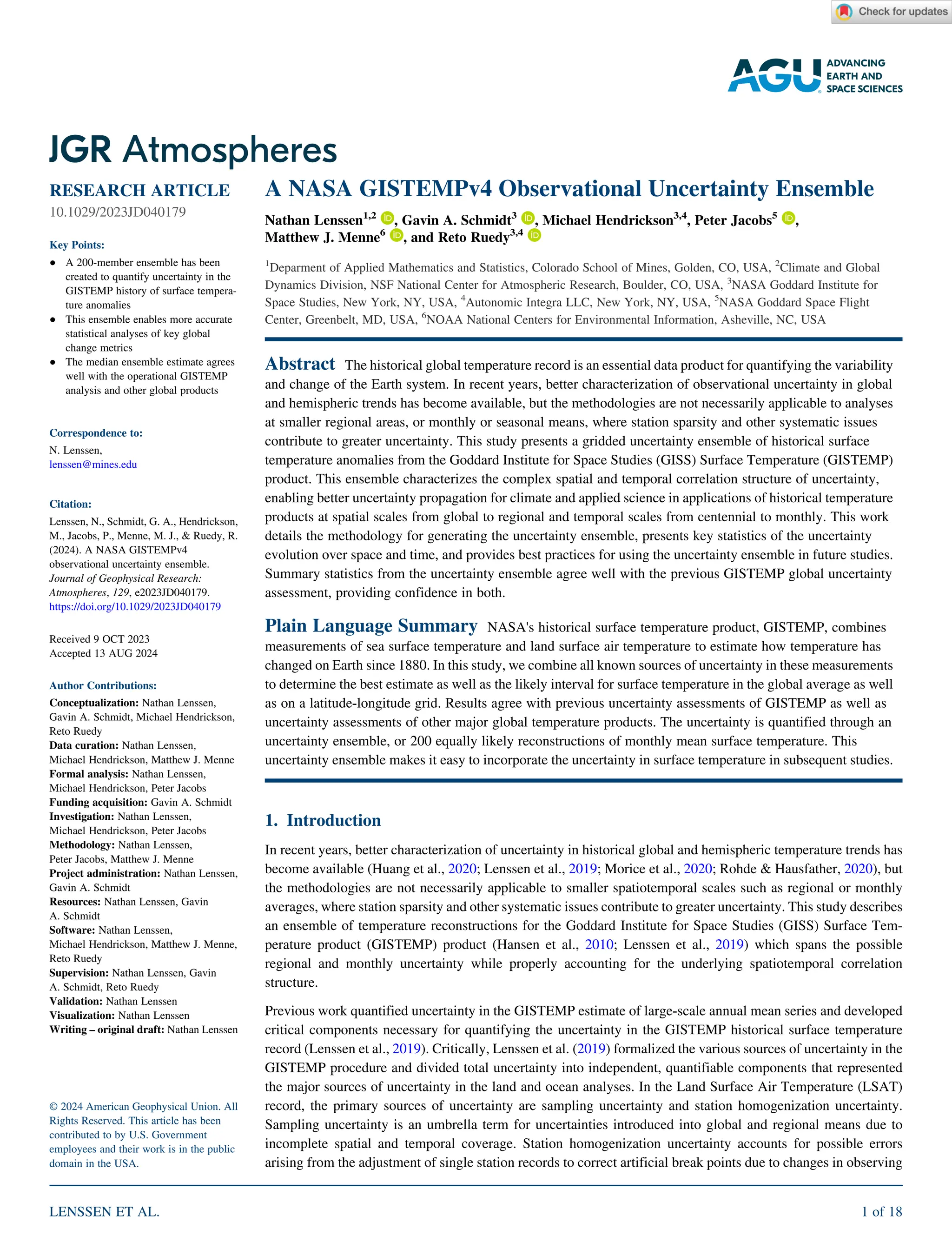A NASA GISTEMPv4 Observational Uncertainty Ensemble | PDF