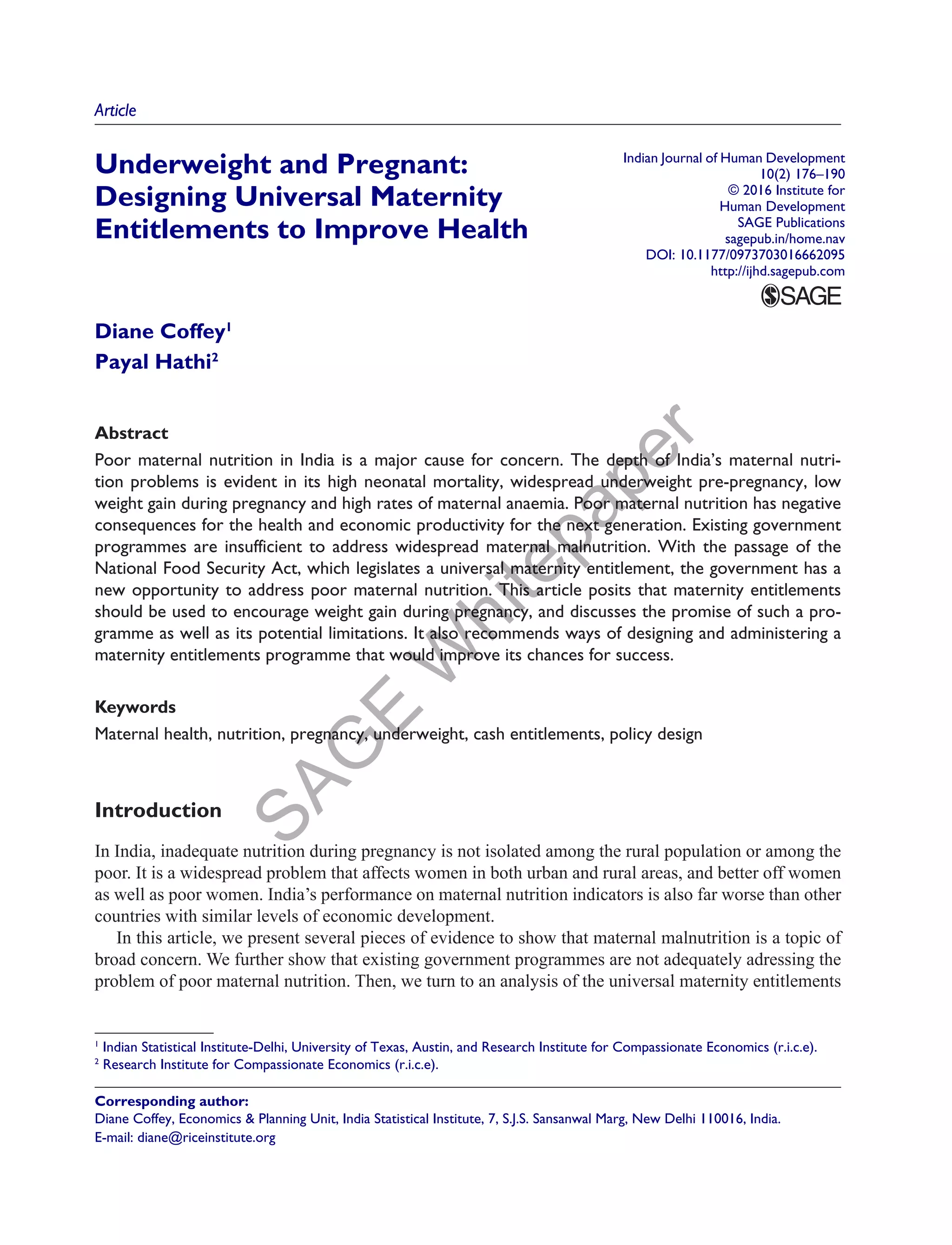 Underweight and Pregnant: Designing Universal Maternal Entitlements to ...