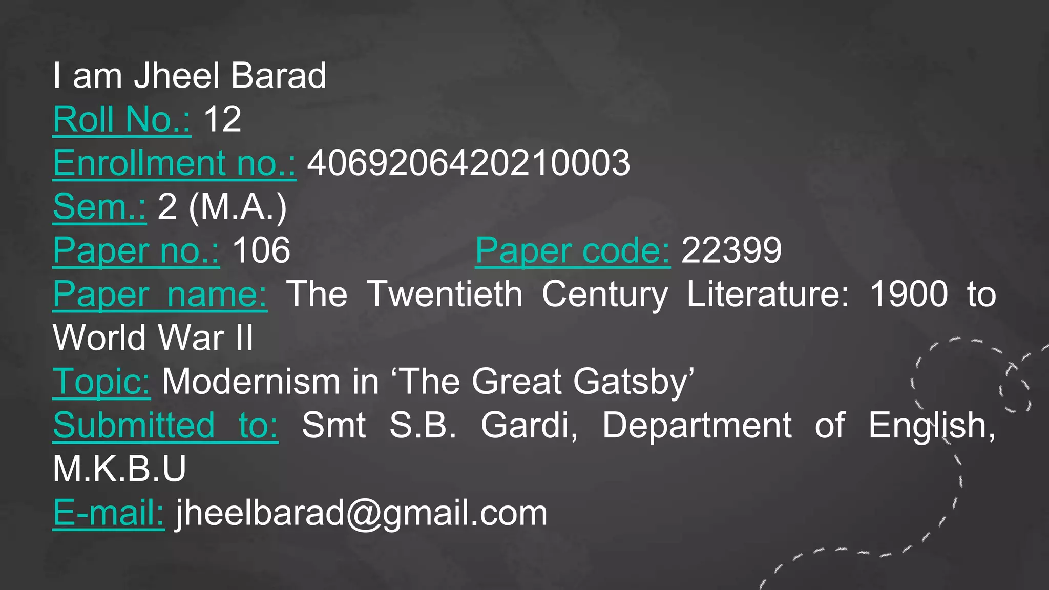 Modernism in F. Scott Fitzgerald's The Great Gatsby | PPTX