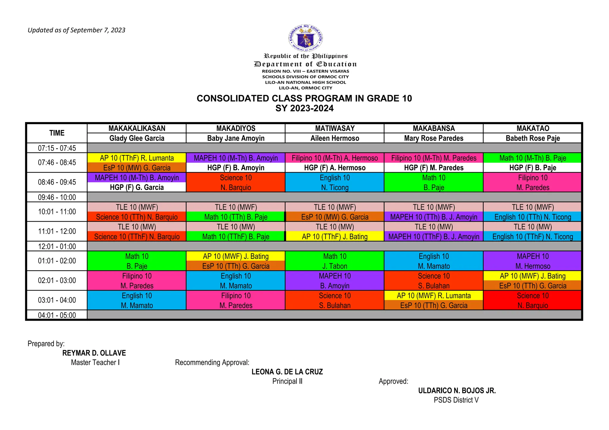 JHS Consolidated Class Program Sep. 2023 | PDF