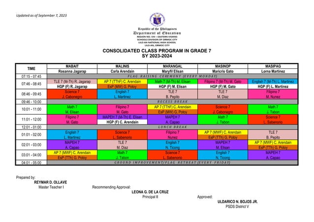 JHS Consolidated Class Program Sep. 2023 | PDF | Education industry ...