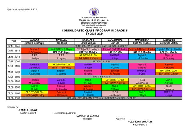 JHS Consolidated Class Program Sep. 2023 | PDF | Education industry ...