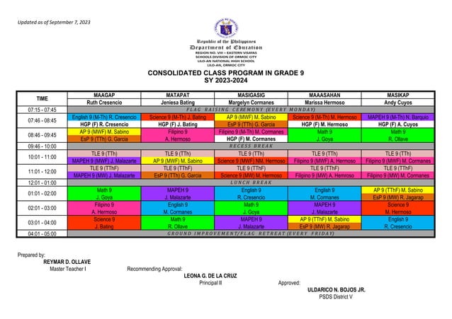 JHS Consolidated Class Program Sep. 2023 | PDF | Education industry ...