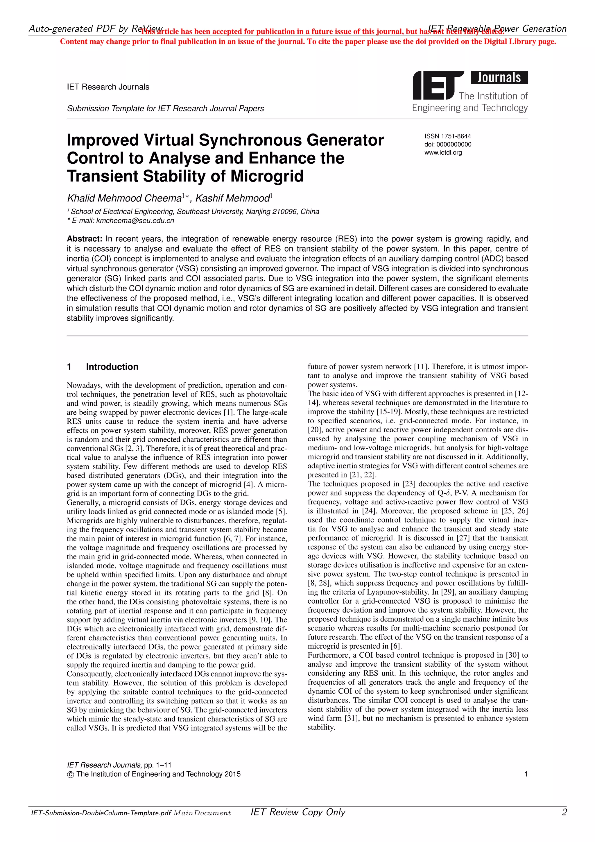 Improved Virtual Synchronous Generator Control to Analyse and Enhance the Transient Stability of ...