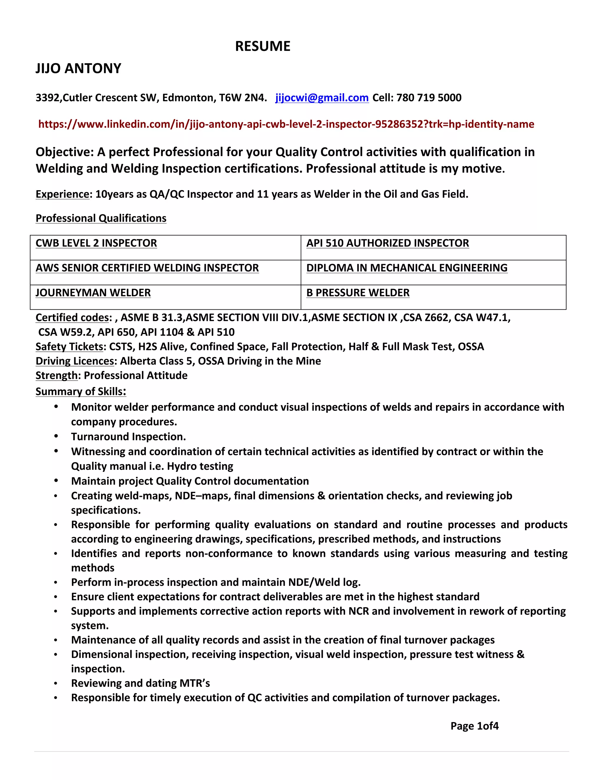 Jijo's resume ( qc inspector )doc | PDF