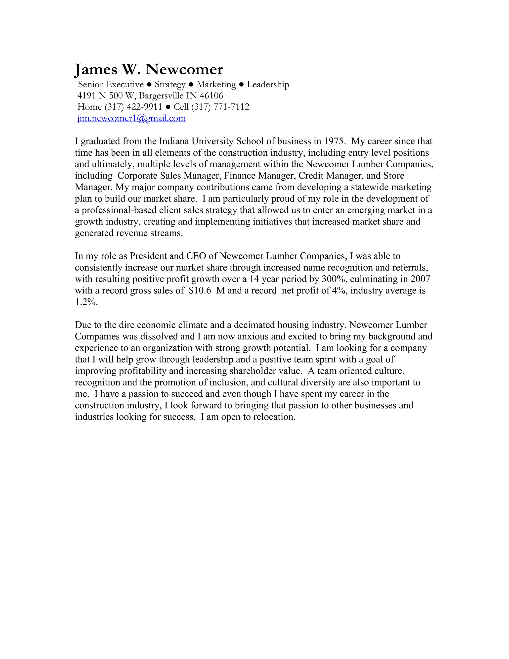 Jim Newcomer - Brief Resume | PDF