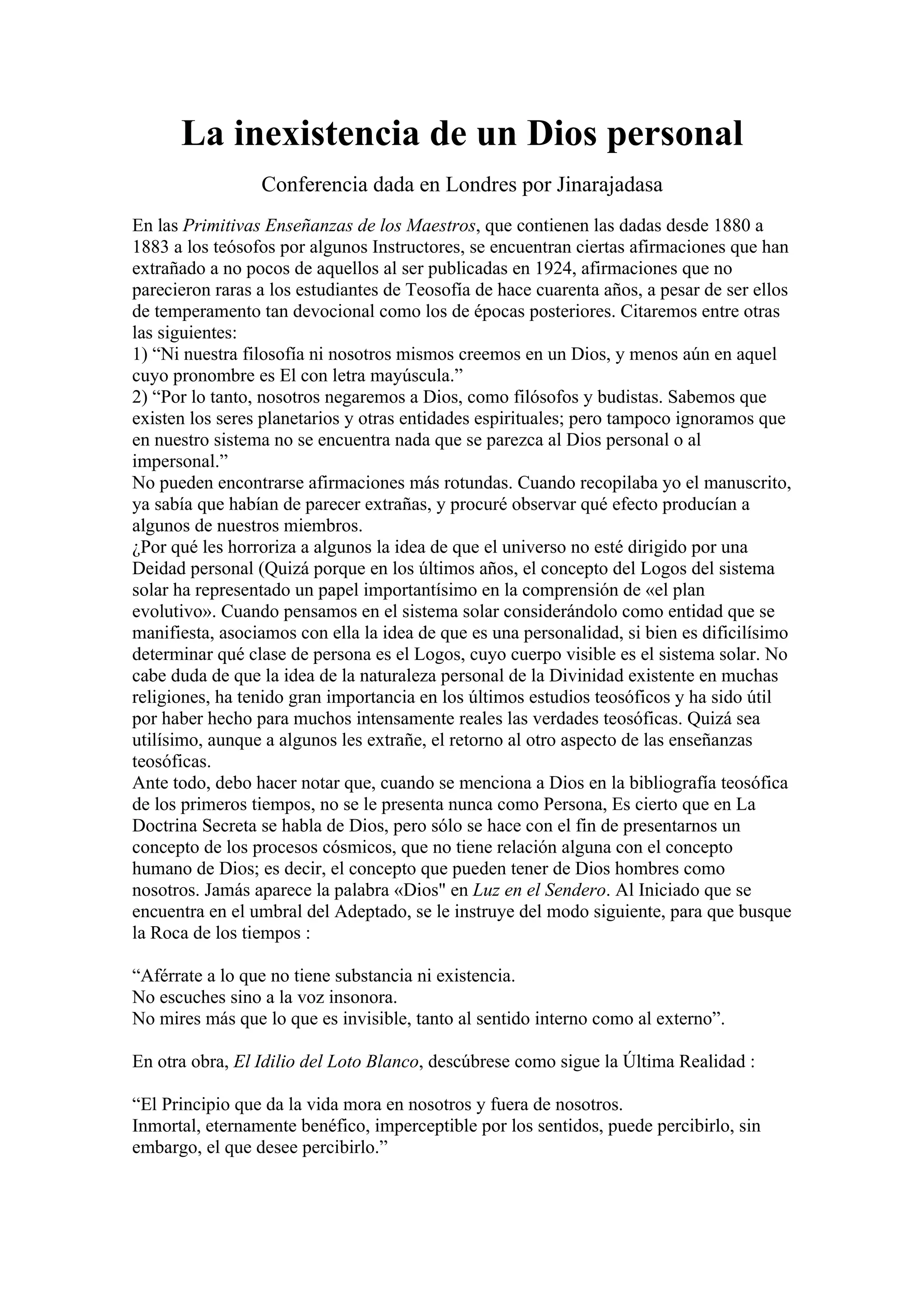 Jinarajadasa la inexistencia de un dios personal | PDF