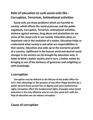 Role of education to curb social evils like corruption, terrorism,anti ...