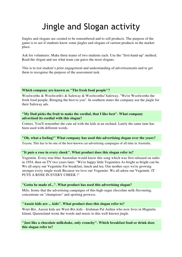 Writing Advertising Slogans Worksheets