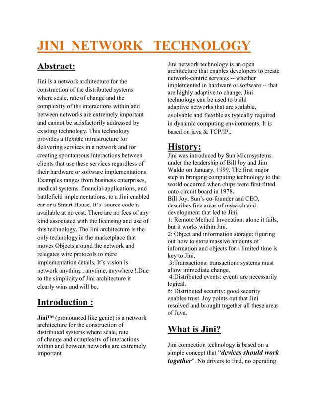 Jini network technology | DOCX | Computer Networking | Computing