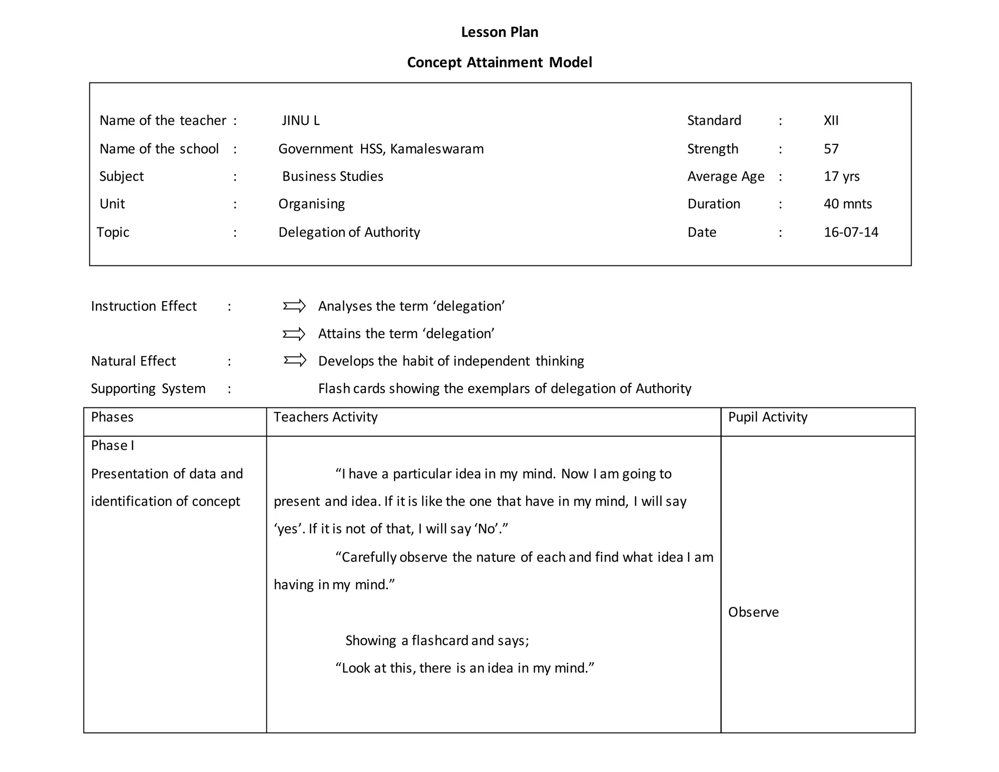 Concept Attainment Model Lesson Plan Delegation of Aurhority | DOCX