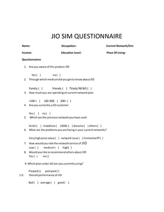 Jio questionnare | DOCX