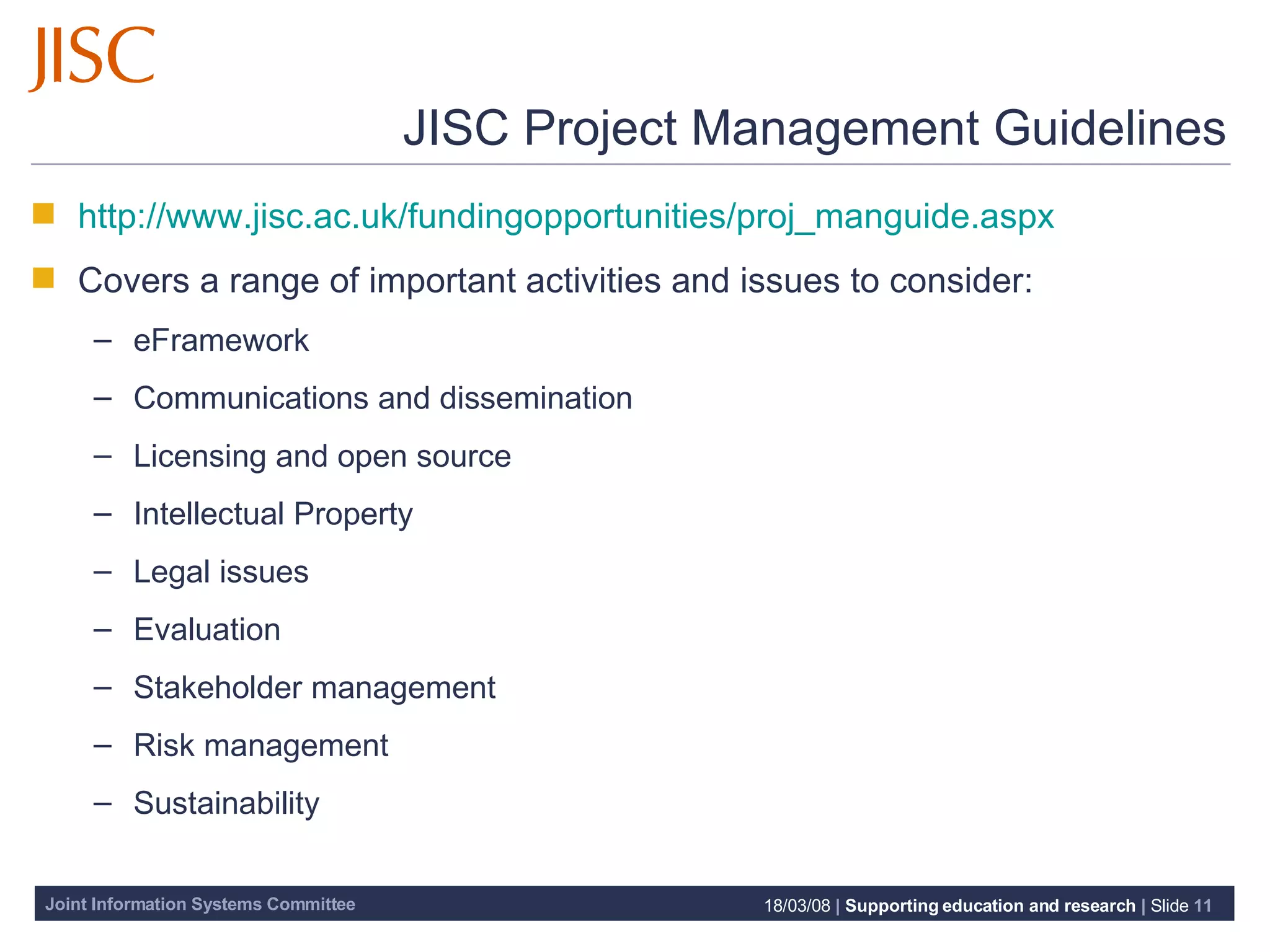 JISC Project Management Guidelines | PPT