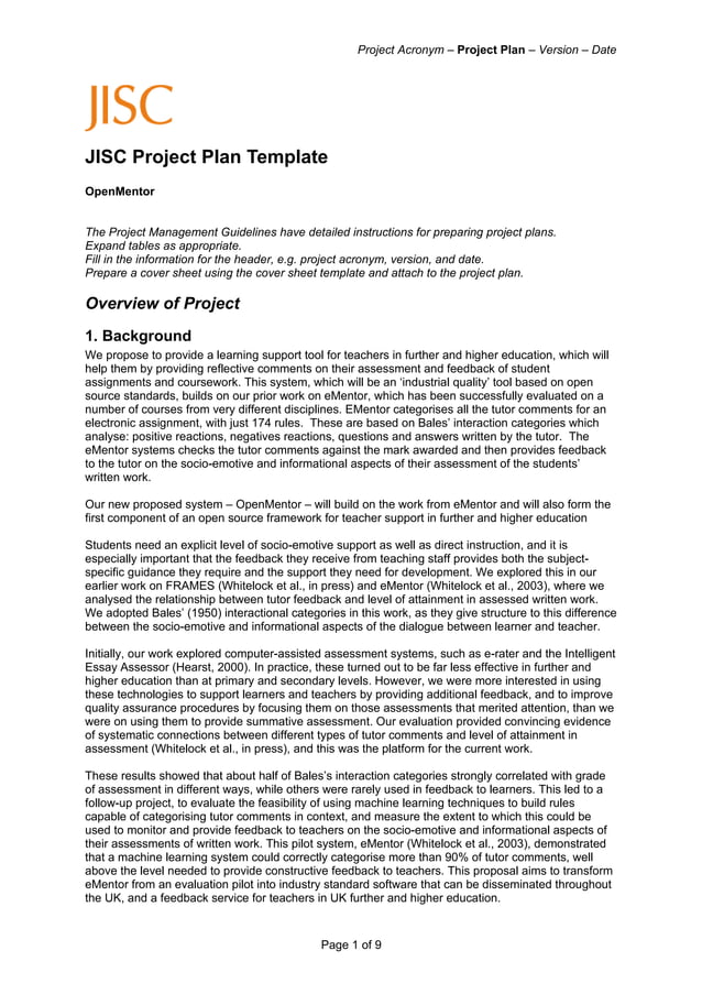 JISC Project Plan Template | PDF