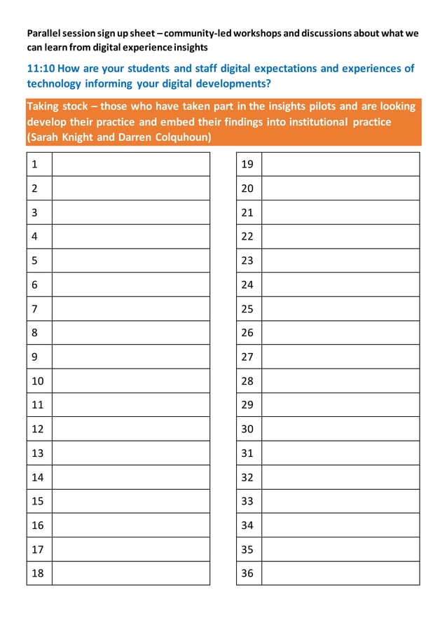 Jisc parallel sessions sign up sheets | DOCX