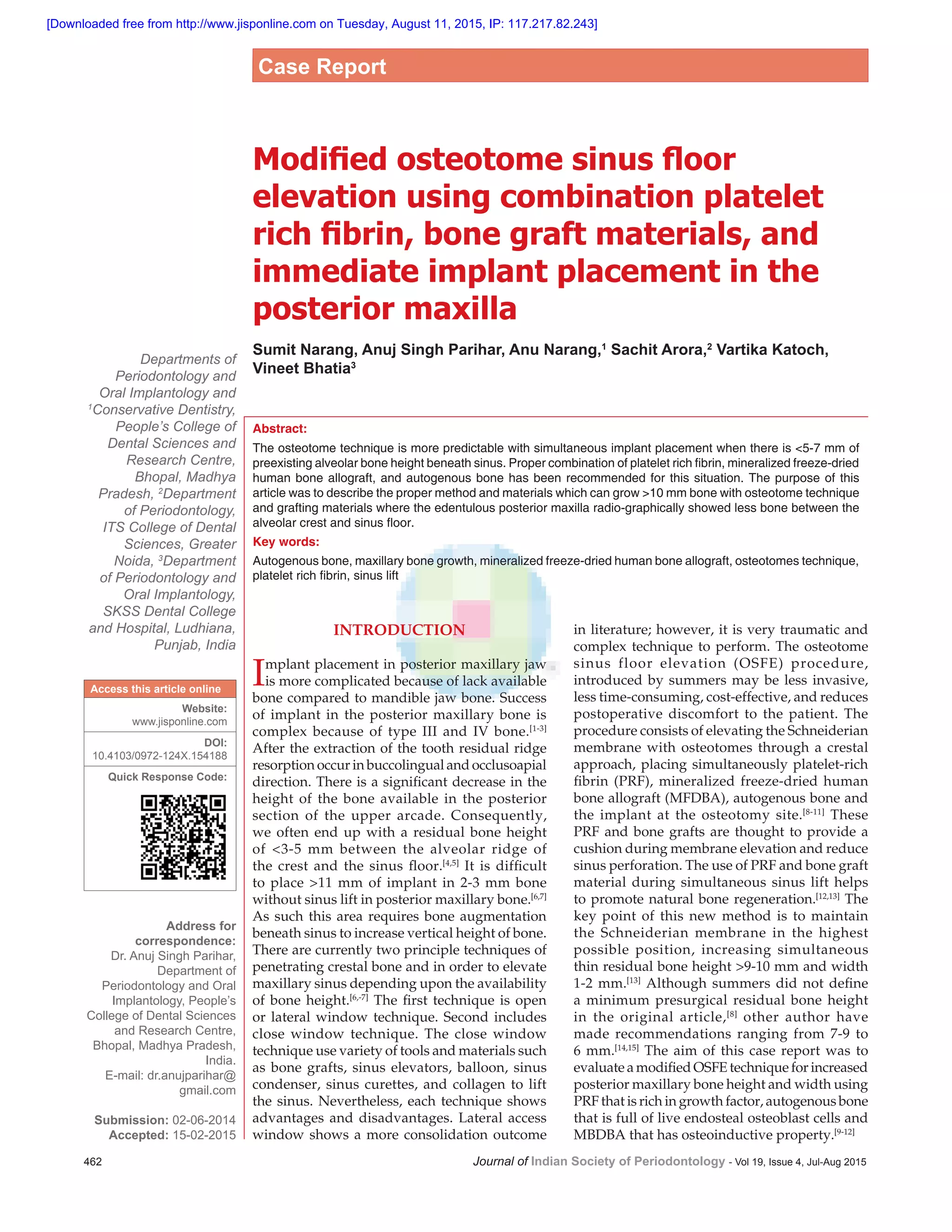 Modified osteotome sinus floor elevation by using combination PRF membrane, bone graft materials ...