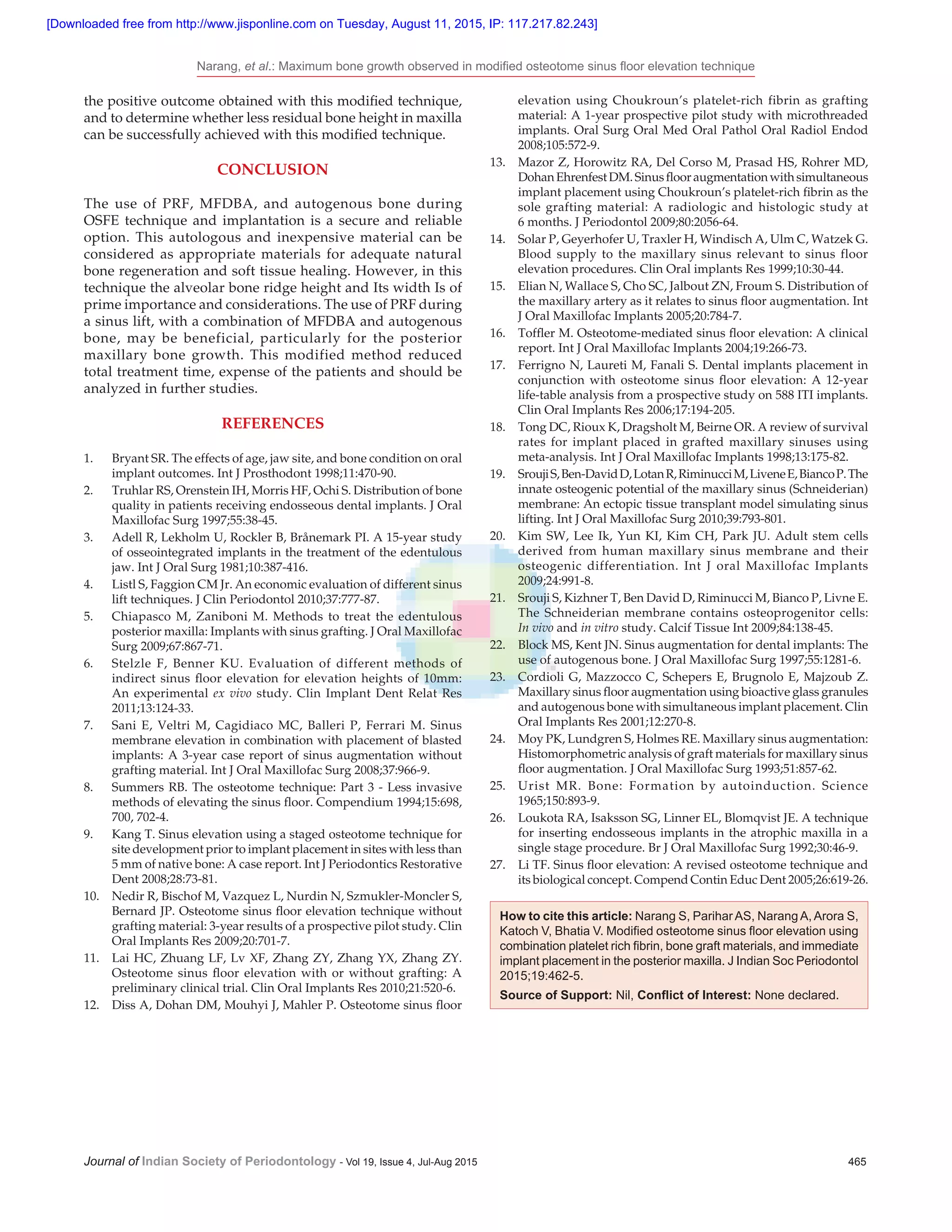 Modified osteotome sinus floor elevation by using combination PRF membrane, bone graft materials ...