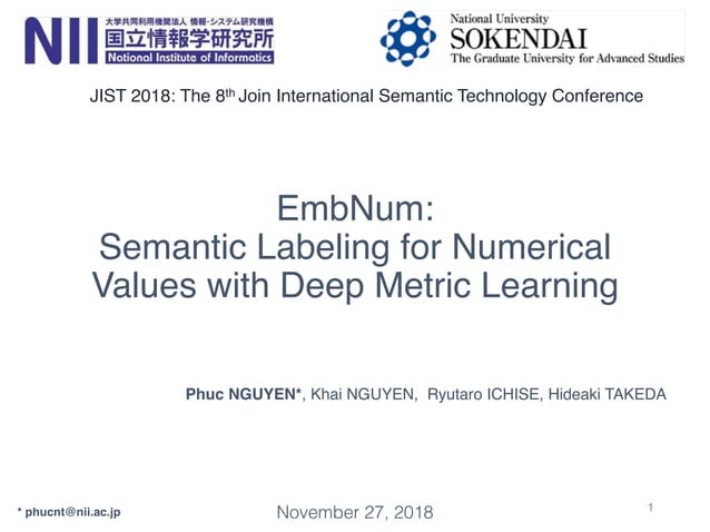 EmbNum: Semantic Labeling for Numerical Values with Deep Metric Learning | PPT
