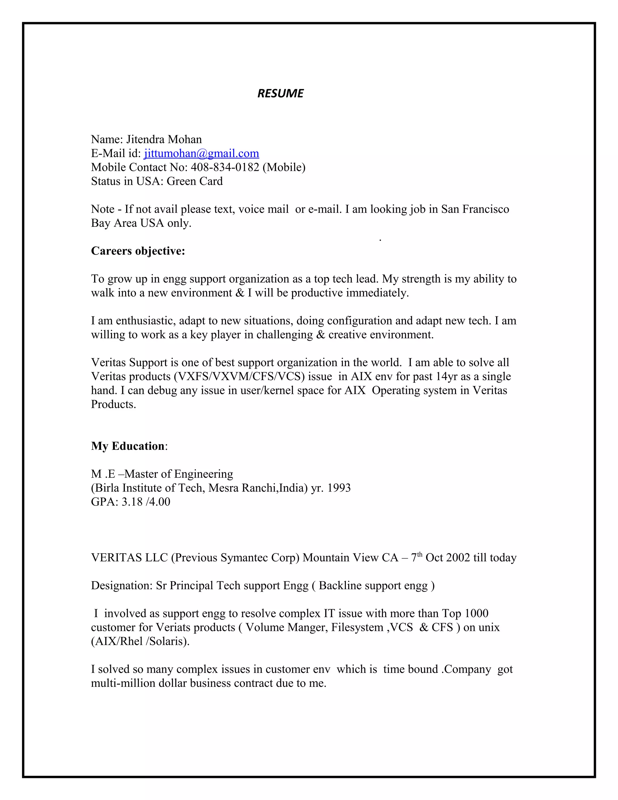 Jitendra mohan resume | DOC | Operating Systems | Computer Software and ...