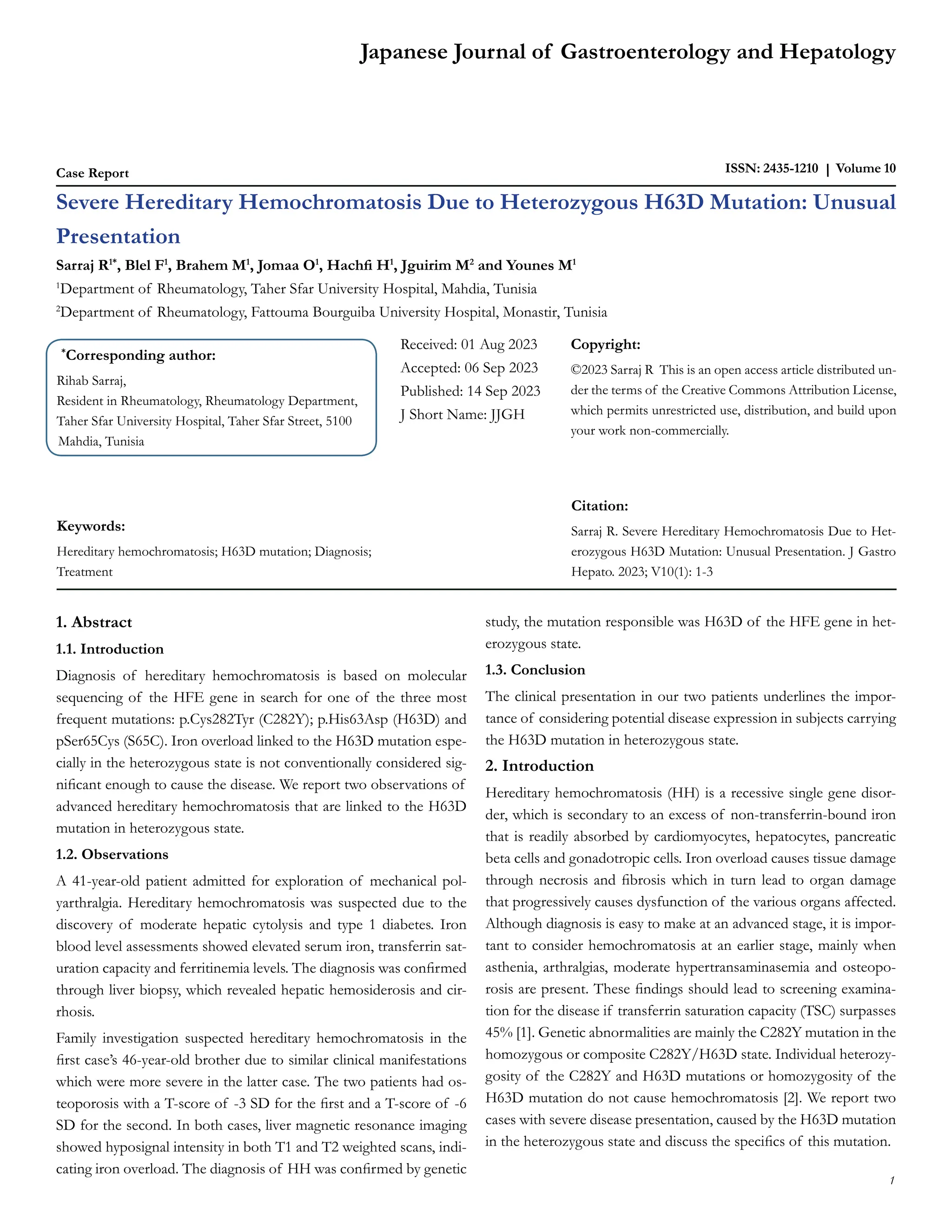 Severe Hereditary Hemochromatosis Due to Heterozygous H63D Mutation ...