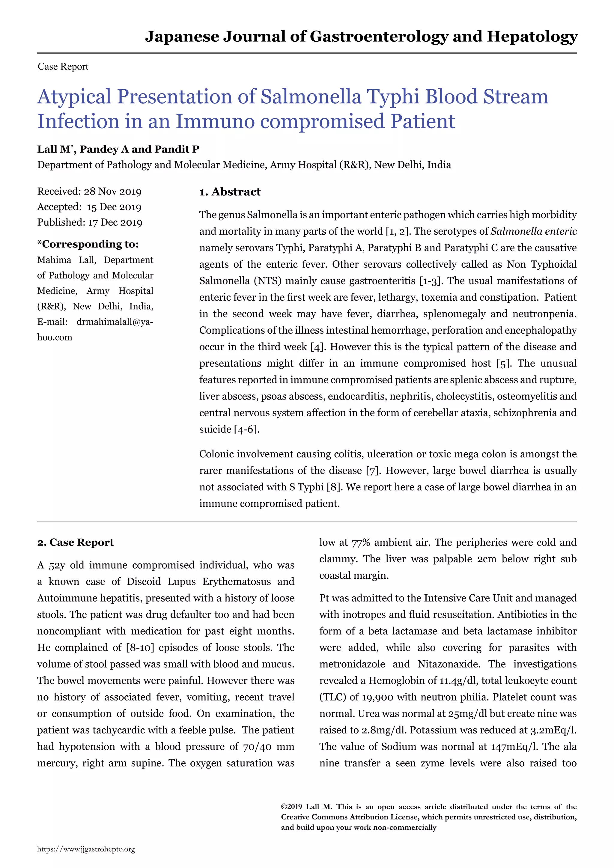 Atypical Presentation of Salmonella Typhi Blood Stream Infection in an ...