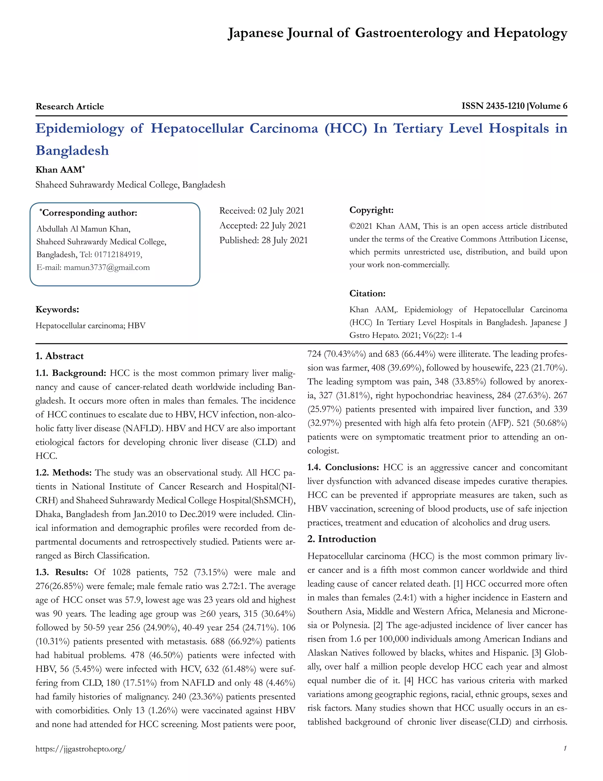 Epidemiology of Hepatocellular Carcinoma (HCC) In Tertiary Level ...