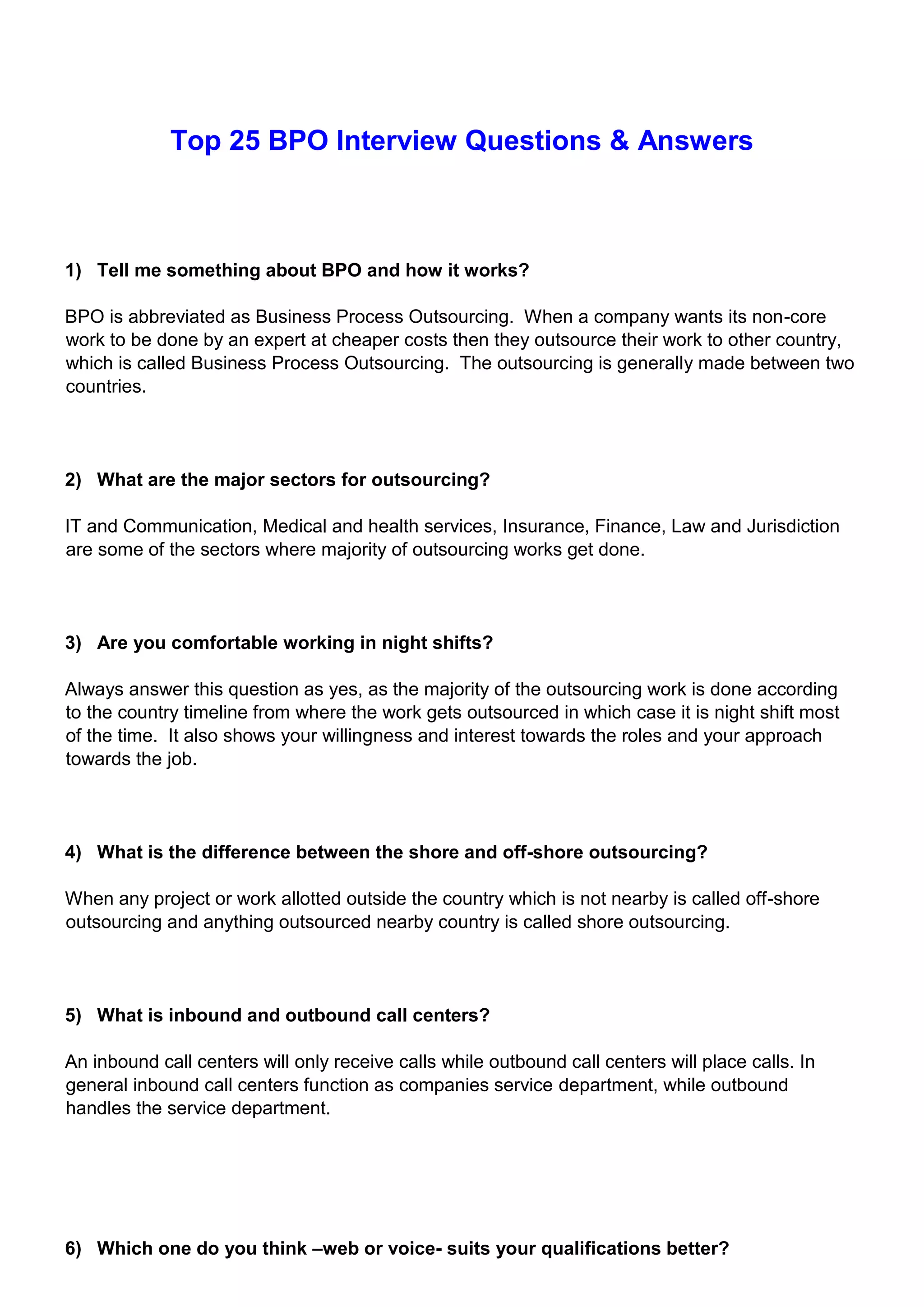 BPO INTERVIEW IMPORTANT QUESTION | PDF