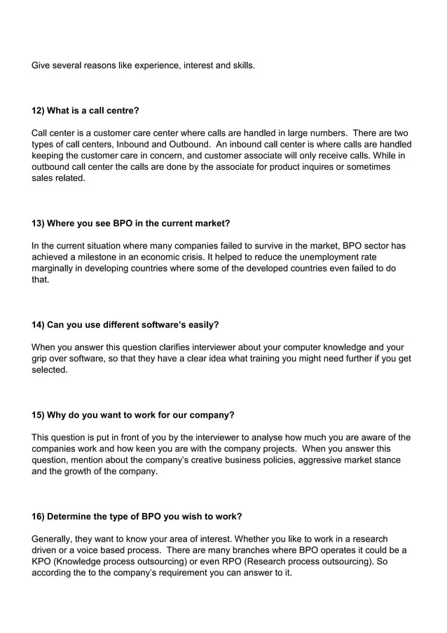 BPO INTERVIEW IMPORTANT QUESTION | PDF