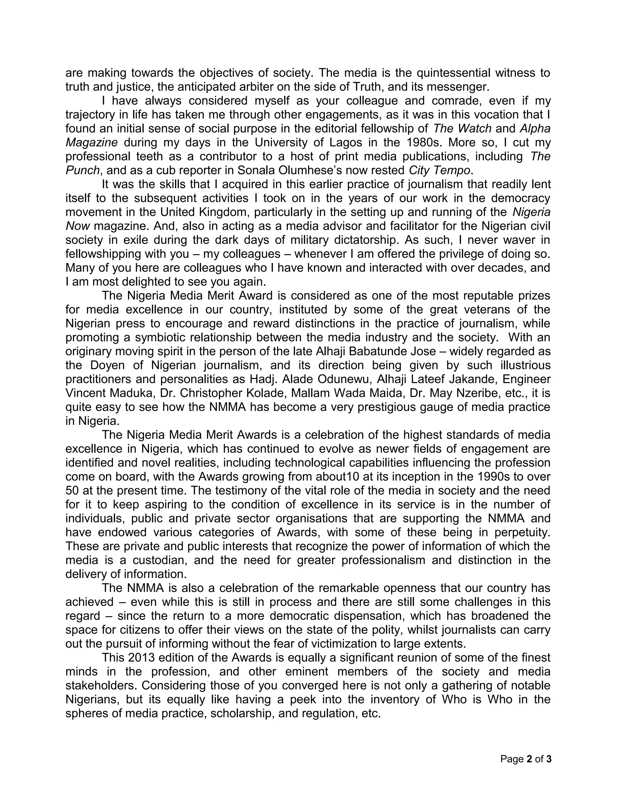 Goodwill Remarks on the Awards Presentation of Nigeria Media Merit ...