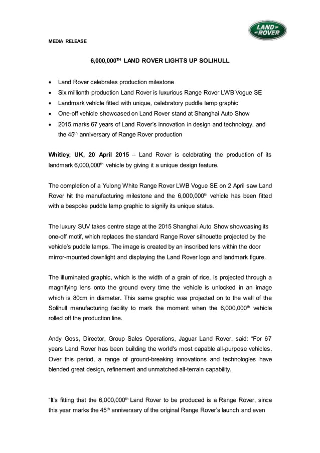 Land Rover roll out 6 millionth vehicle from Solihull | DOCX | Radio ...